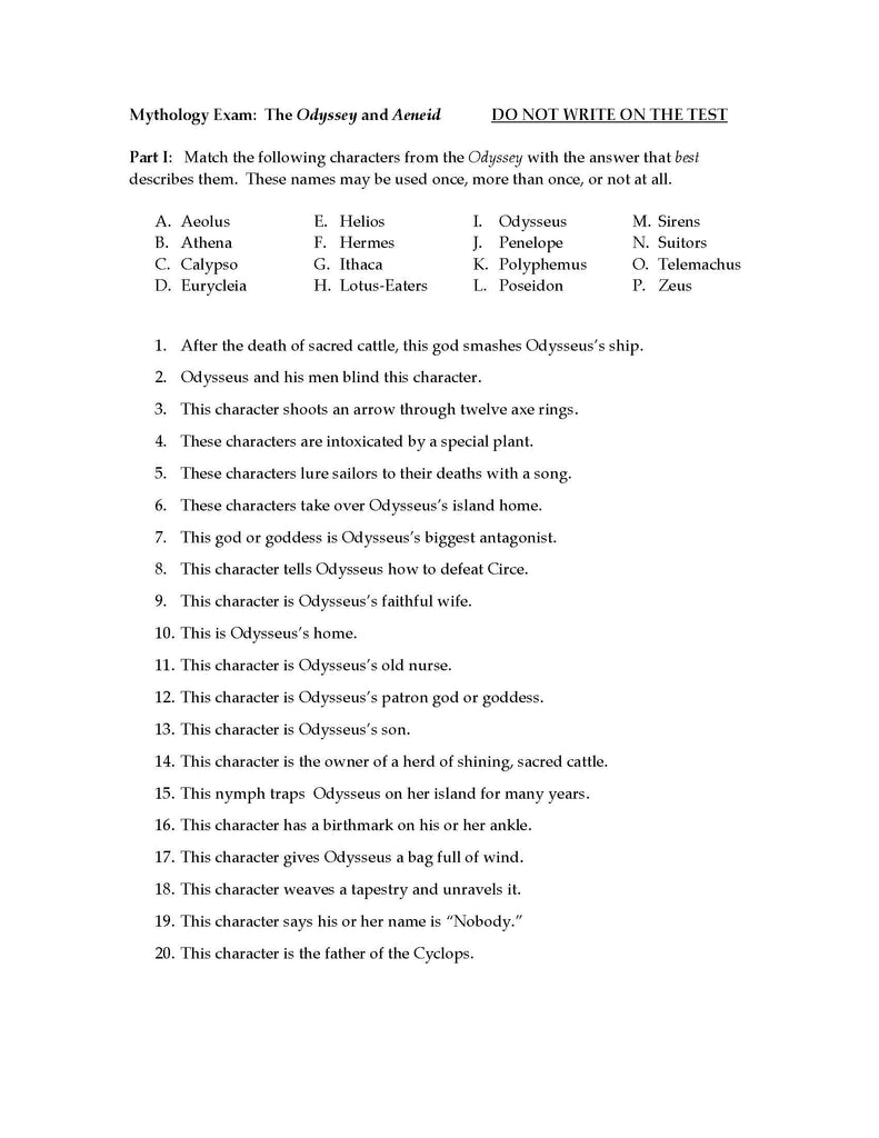 Unit Exam, Greek and Roman Mythology: The Odyssey and the Aeneid ...